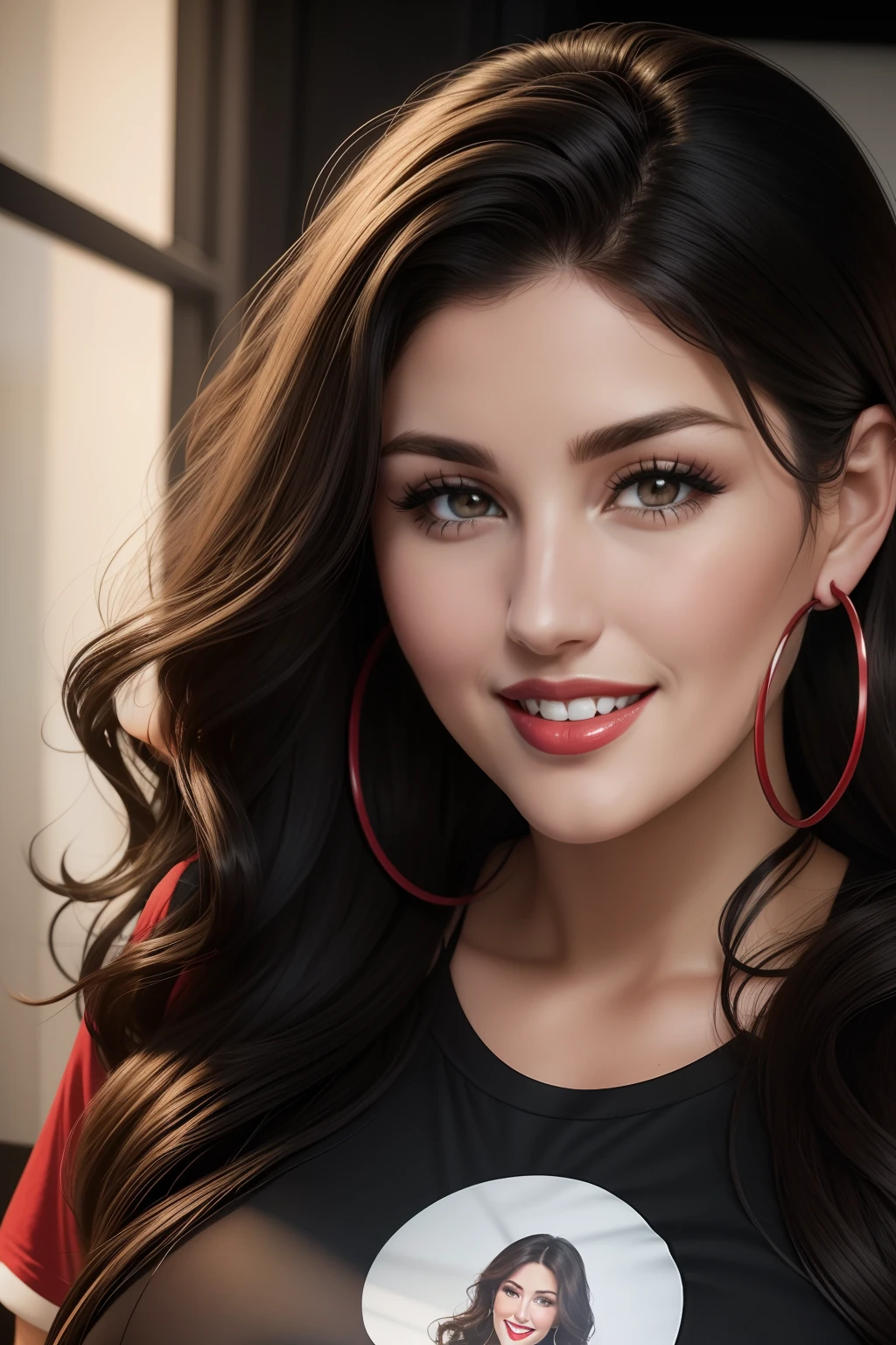 Lucy Pinder, Face Portrait, Red Lipstick, Smiling, Black Hair - SeaArt AI