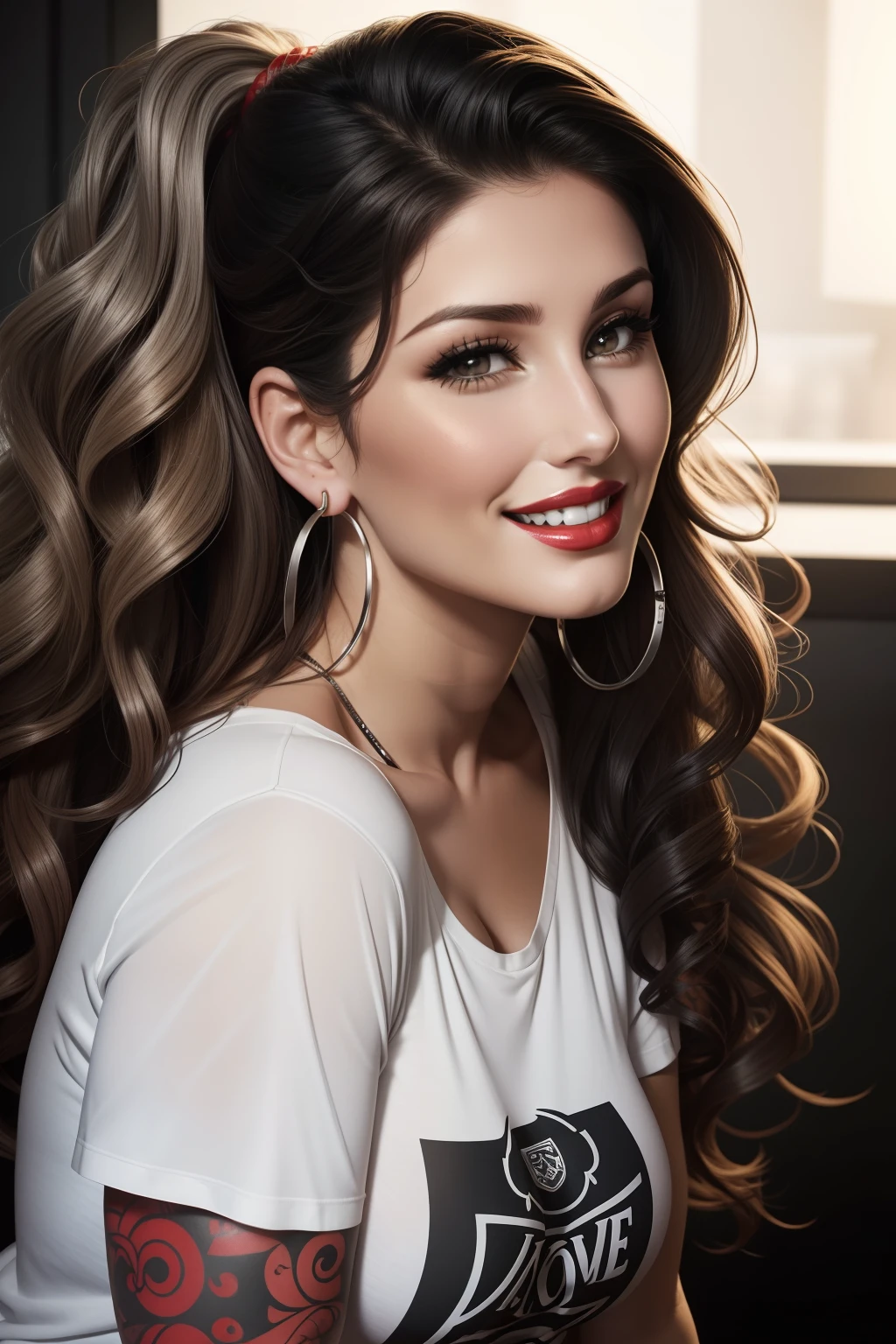 Lucy Pinder, Face Portrait, Red Lipstick, Smiling, Black Hair - SeaArt AI