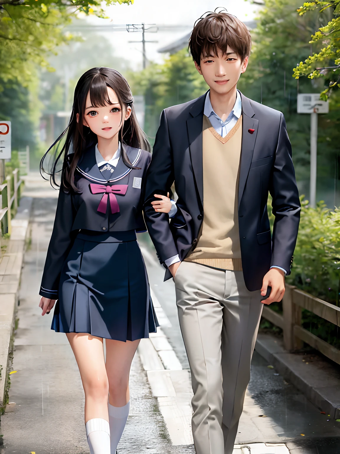 Arafed asian couple walking down a street in a school uniform - SeaArt AI