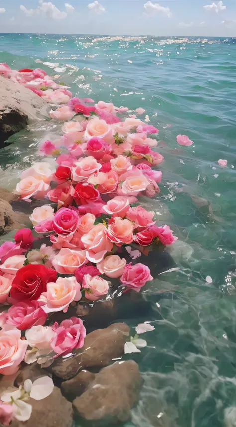 Flowers float in the water on the beach near the rocks, flowers sea ...