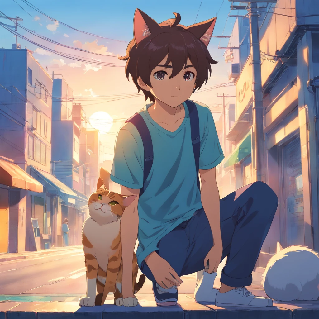 Anime boy with cat sitting on the ground in the middle of the street ...