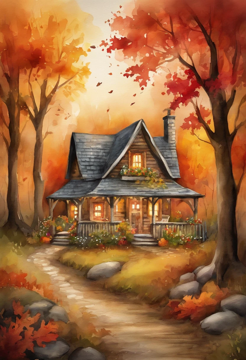 Autumn Cottage watercolor Clipart， An enchanting watercolor illustration of a cozy cottage ...