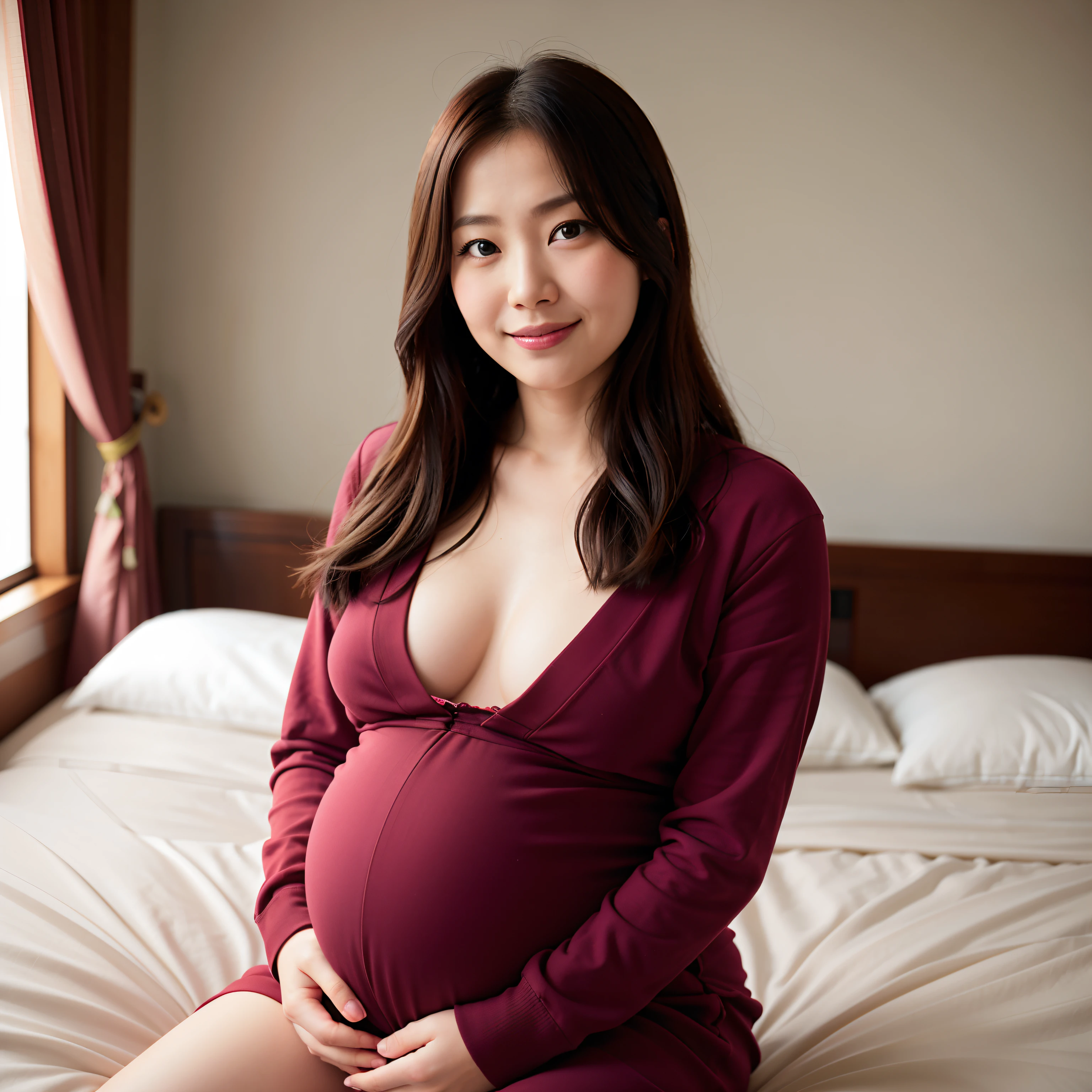 (a smile)Pregnant woman sitting on bed in a room with a window, Pregnant belly, Pregnant ...