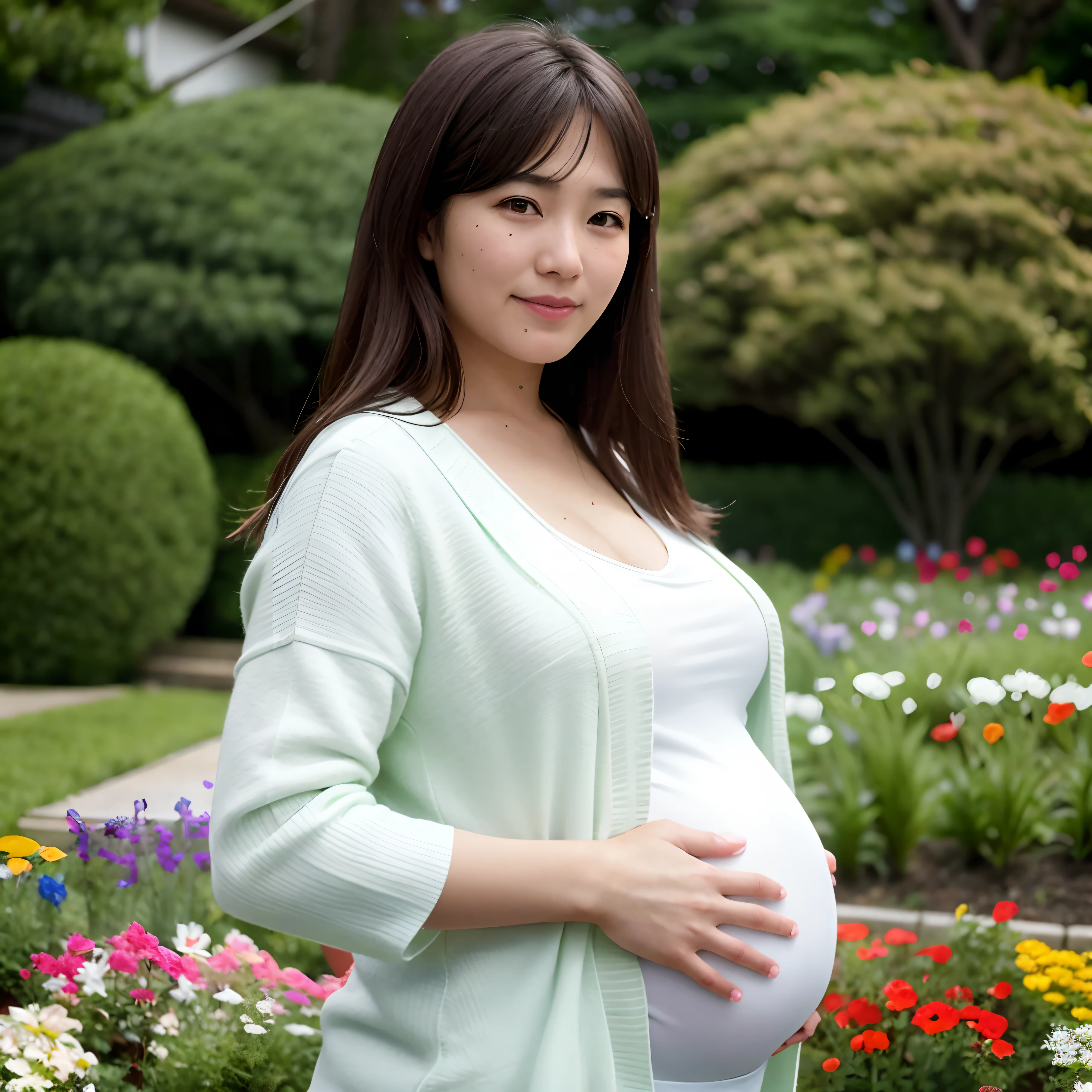 Pregnant woman in a green cardigan standing in a garden - SeaArt AI