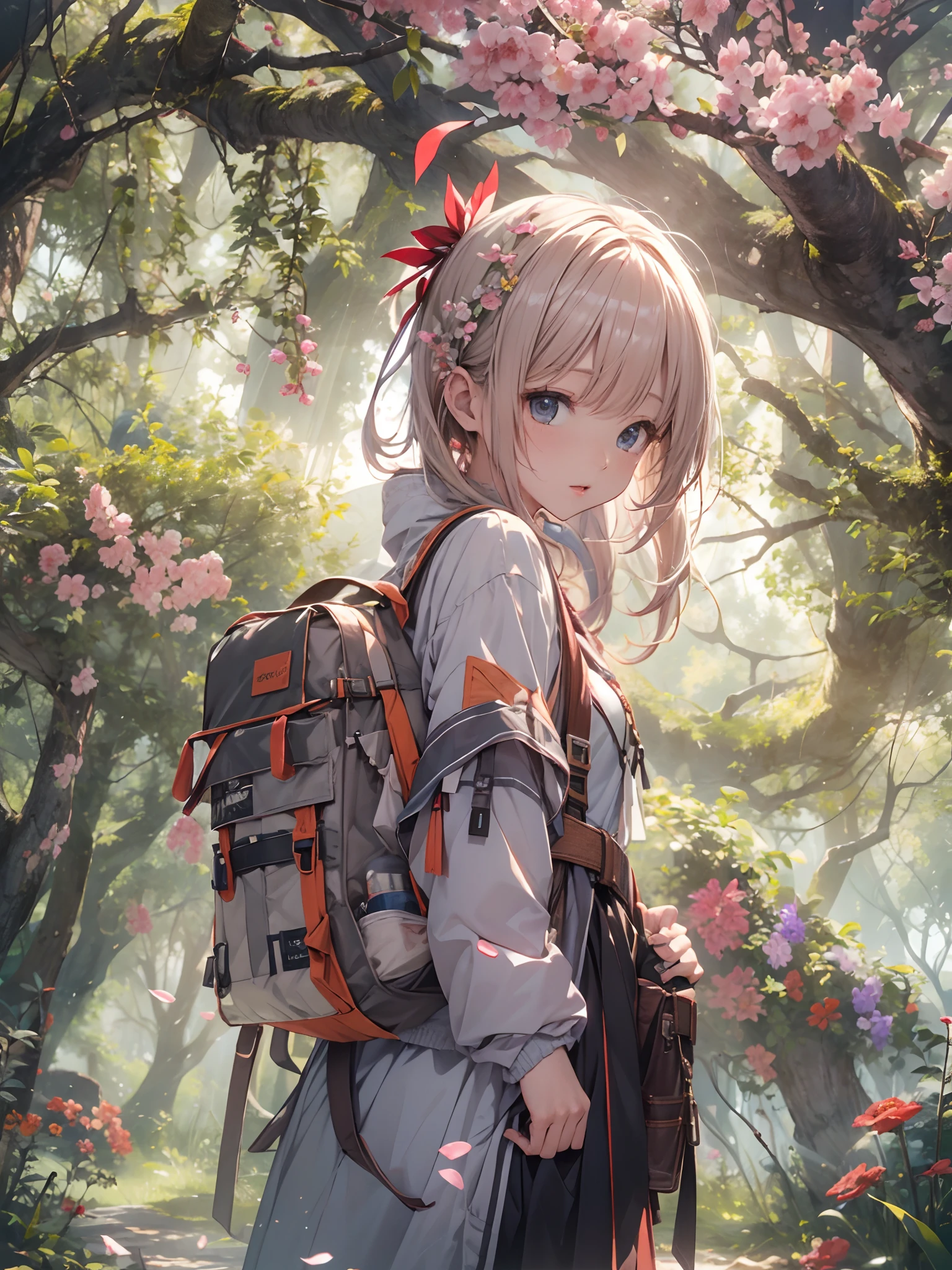 tmasterpiece、top-quality、8K,1 rapariga、solo、from rear、rucksack、Light jacket、Daytime、the woods ...