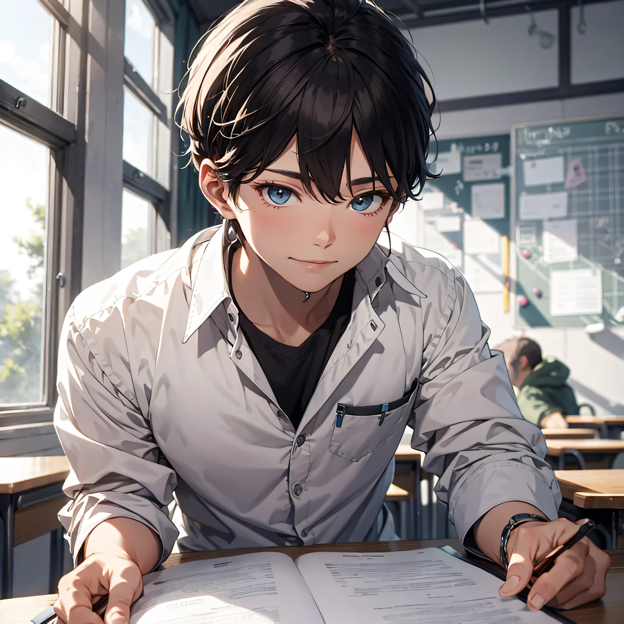 Anime boy sitting at a desk with a book and pen - SeaArt AI