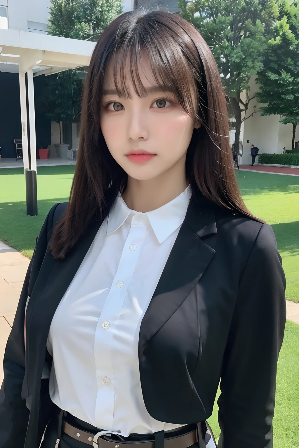 黒いスーツと白いシャツを着た女性が写真を撮るためにポーズをとっている Seaart Ai