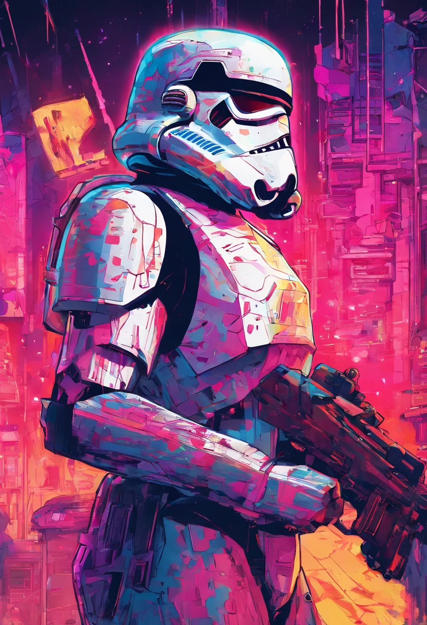 A painting of a storm trooper holding a gun in a city - SeaArt AI