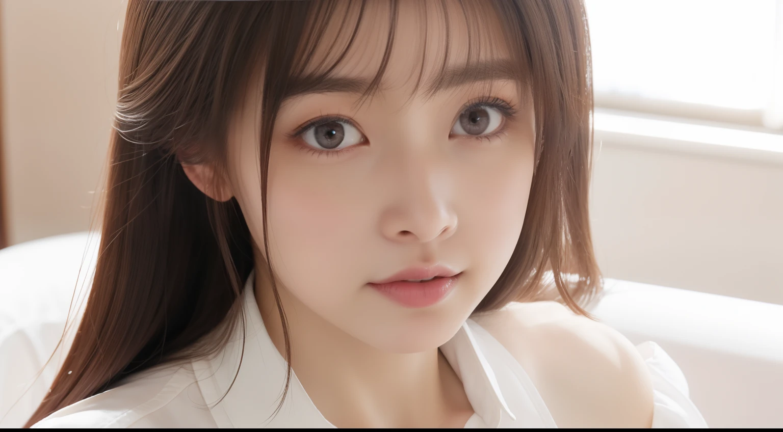 長い髪と白いシャツを着た女性のクローズアップ Seaart Ai