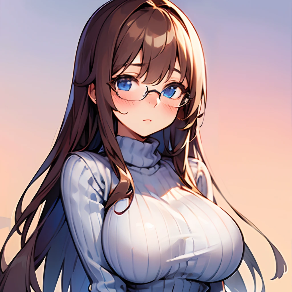 1girl, long brown hair, blue eyes, big breasts, white ribbed sweater - SeaArt AI