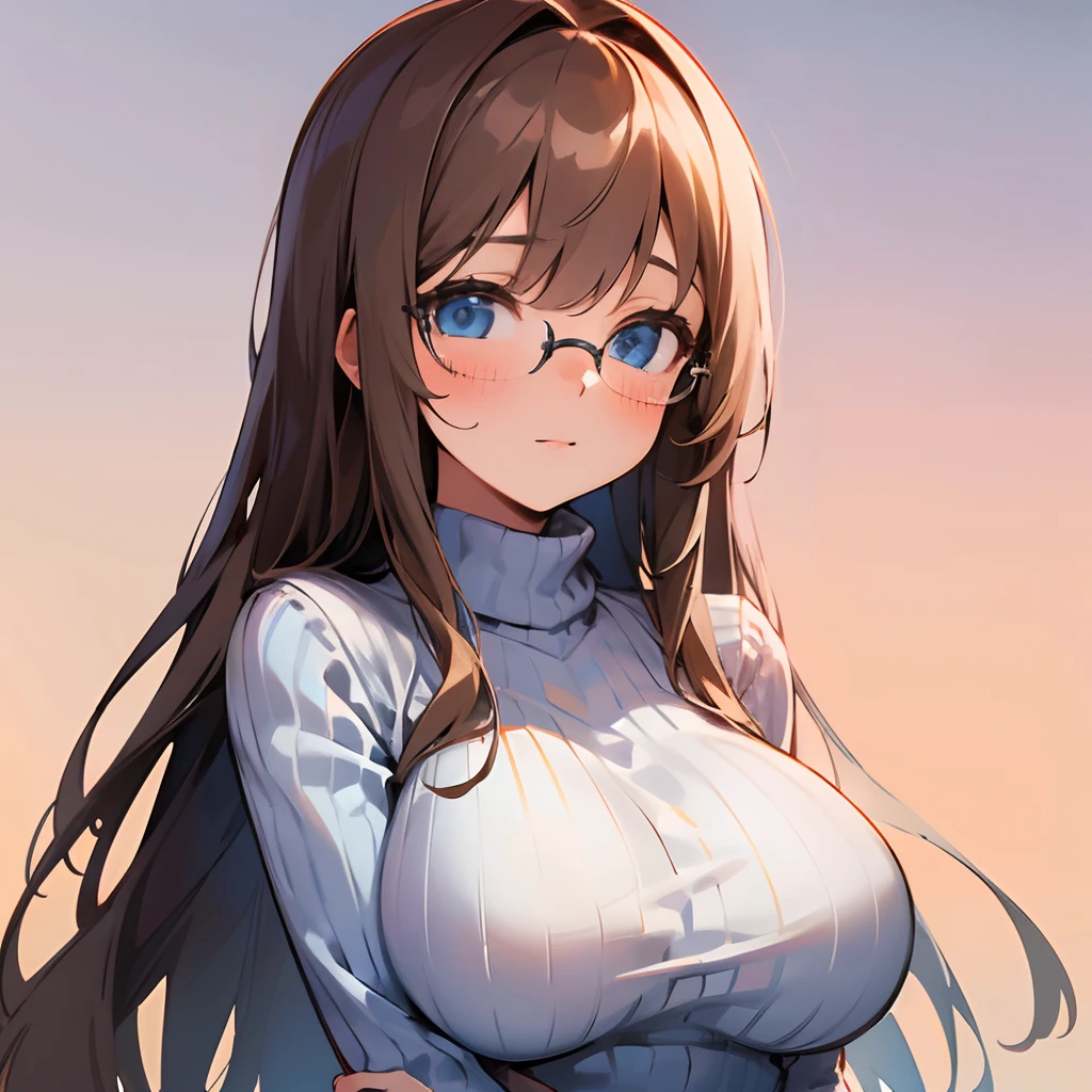 1girl, long brown hair, blue eyes, big breasts, white ribbed sweater - SeaArt AI