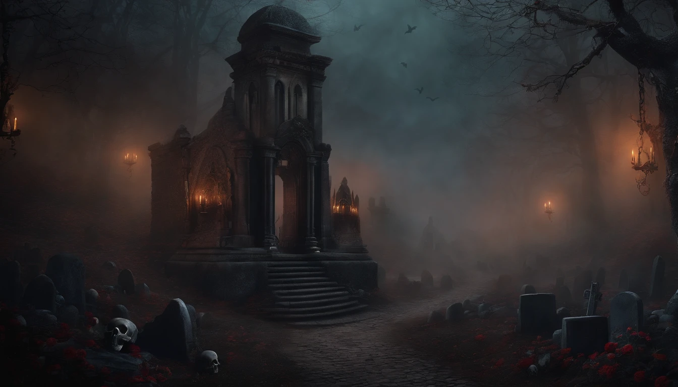 A dark cemetery with a cemetery and a cemetery tower in the background ...