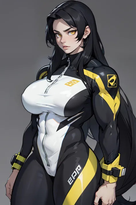 solo standing skintight ((muscular girl)) toned body massive breasts yellow eyes black hair pale ...
