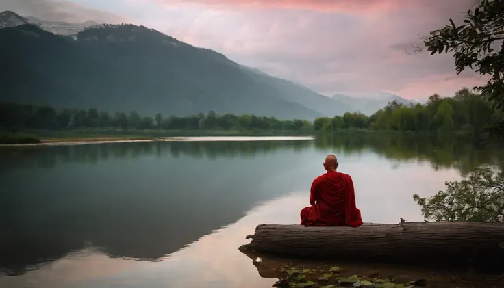 an old Buddhist monk in a red robe meditating serenely in Nepal on the ...
