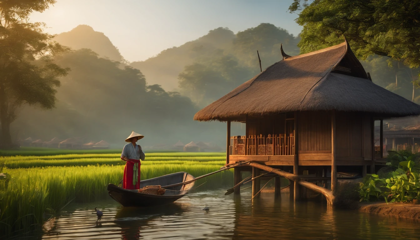 A stilt house with a thatched roof, traditional Vietnamese architecture, bamboo structure ...