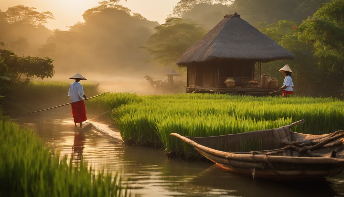 A stilt house with a thatched roof, traditional Vietnamese architecture, bamboo structure ...