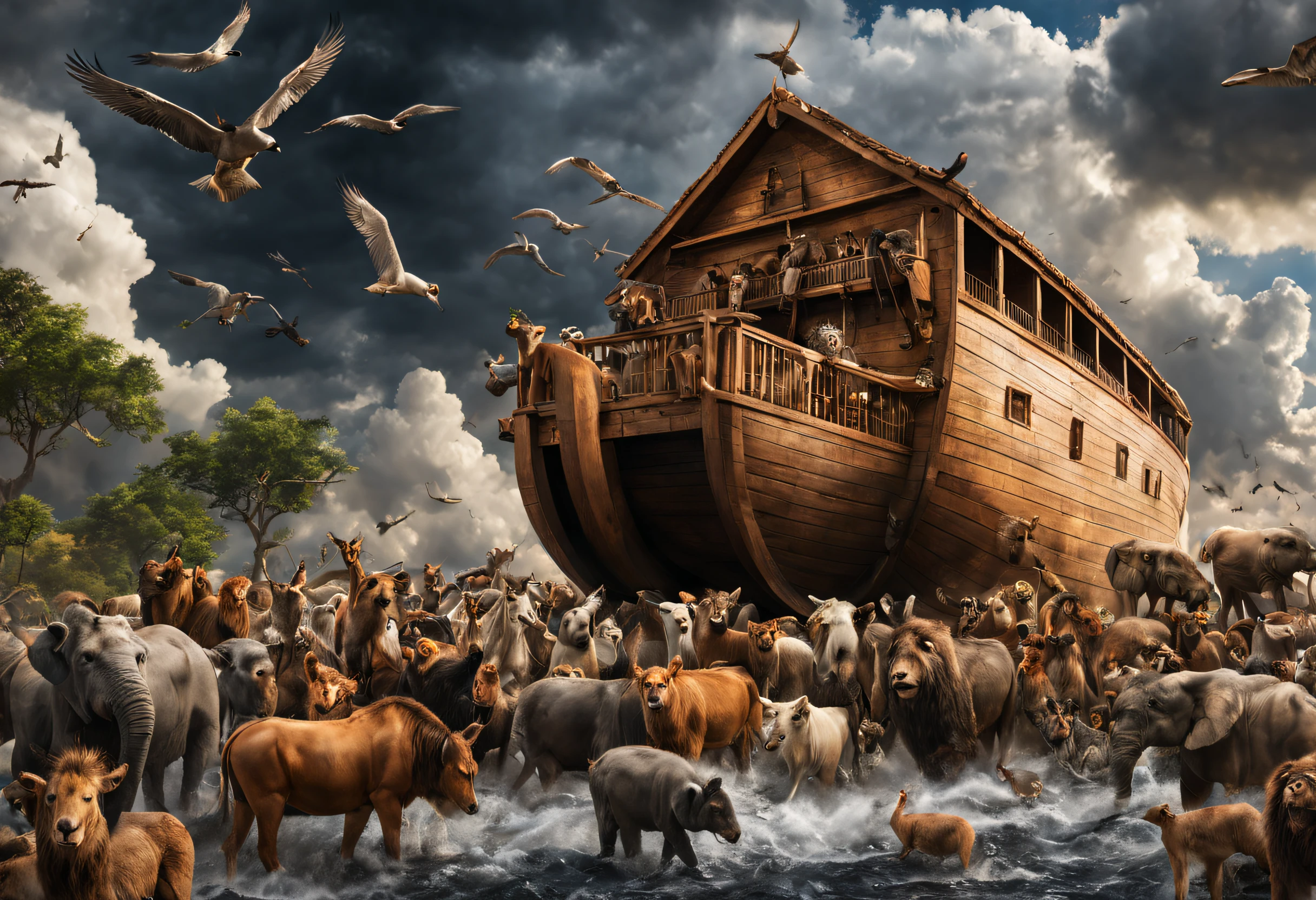 Hyper detailed photograph of Noah's Ark surrounded by different animals ...