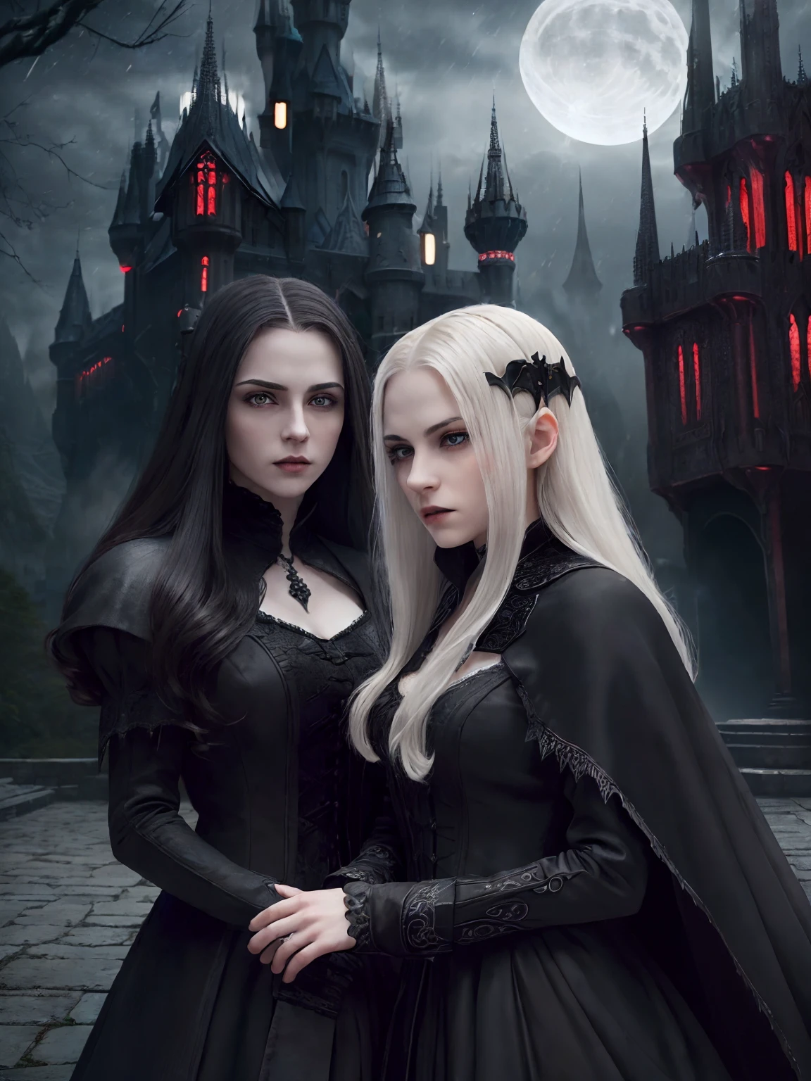 Two women dressed in gothic costumes standing in front of a castle - SeaArt AI