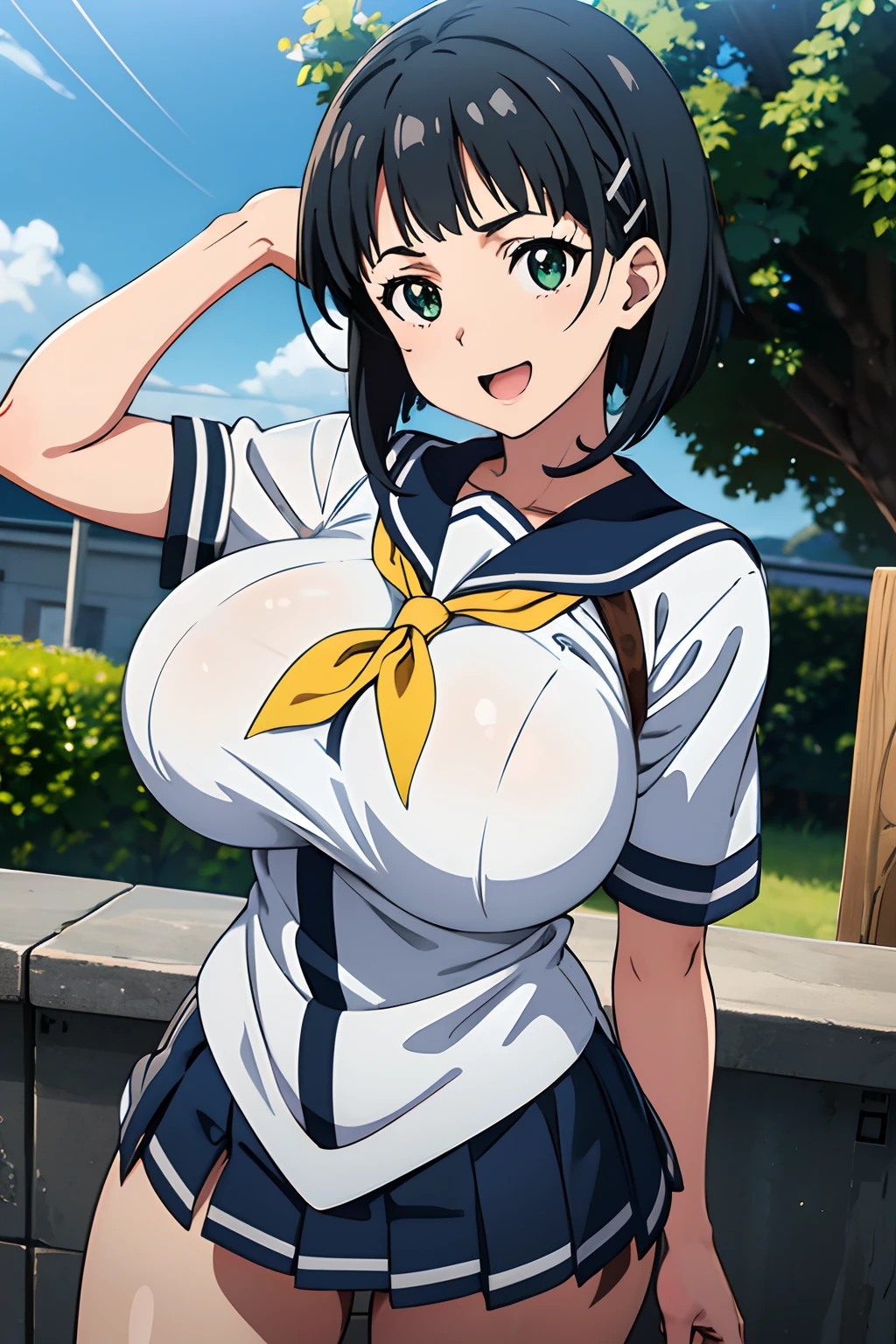 very huge , busty, gray sailor , yellow nectie, Naoha Kirigaya(sword art online) - SeaArt AI
