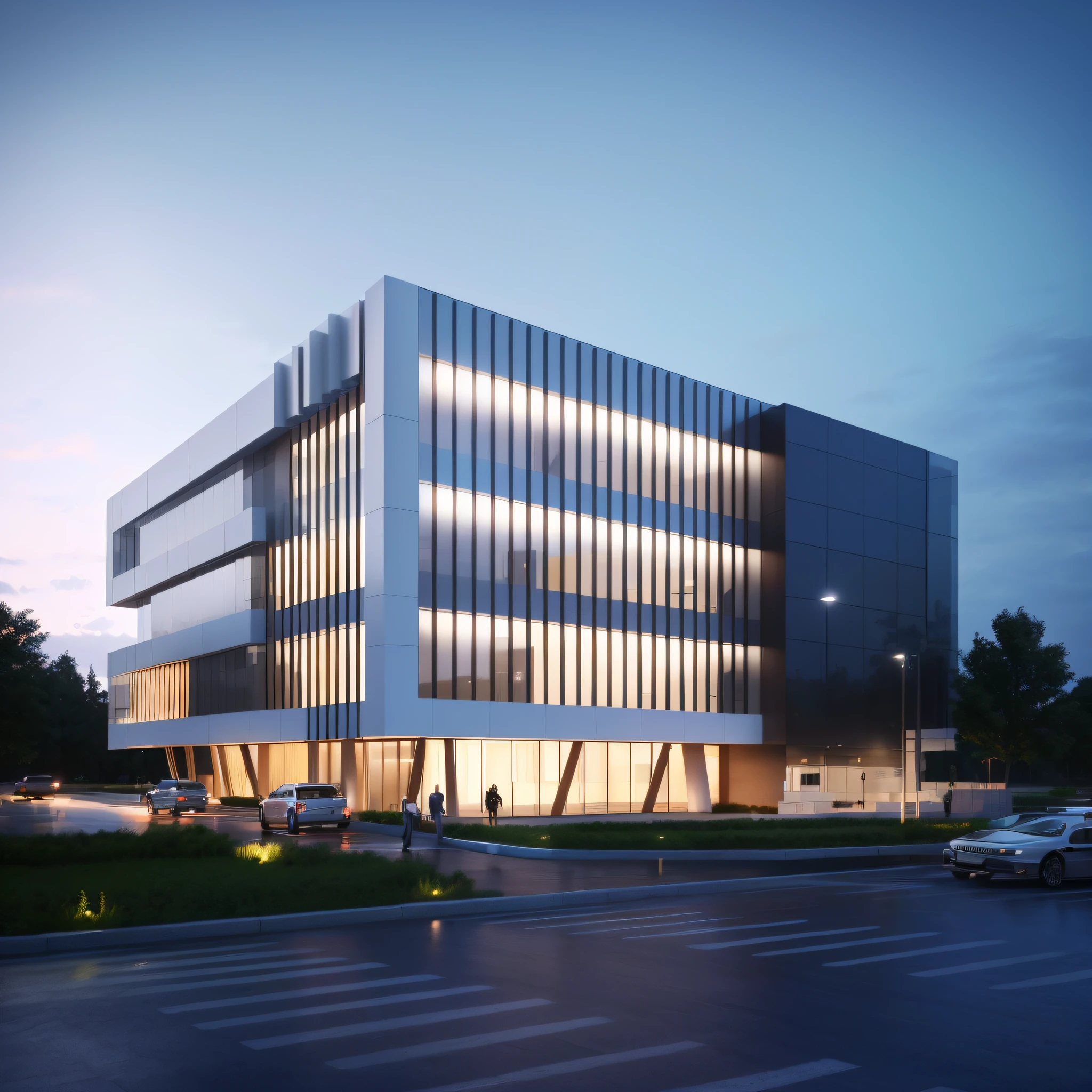 A rendering of a modern office building with a glass facade - SeaArt AI