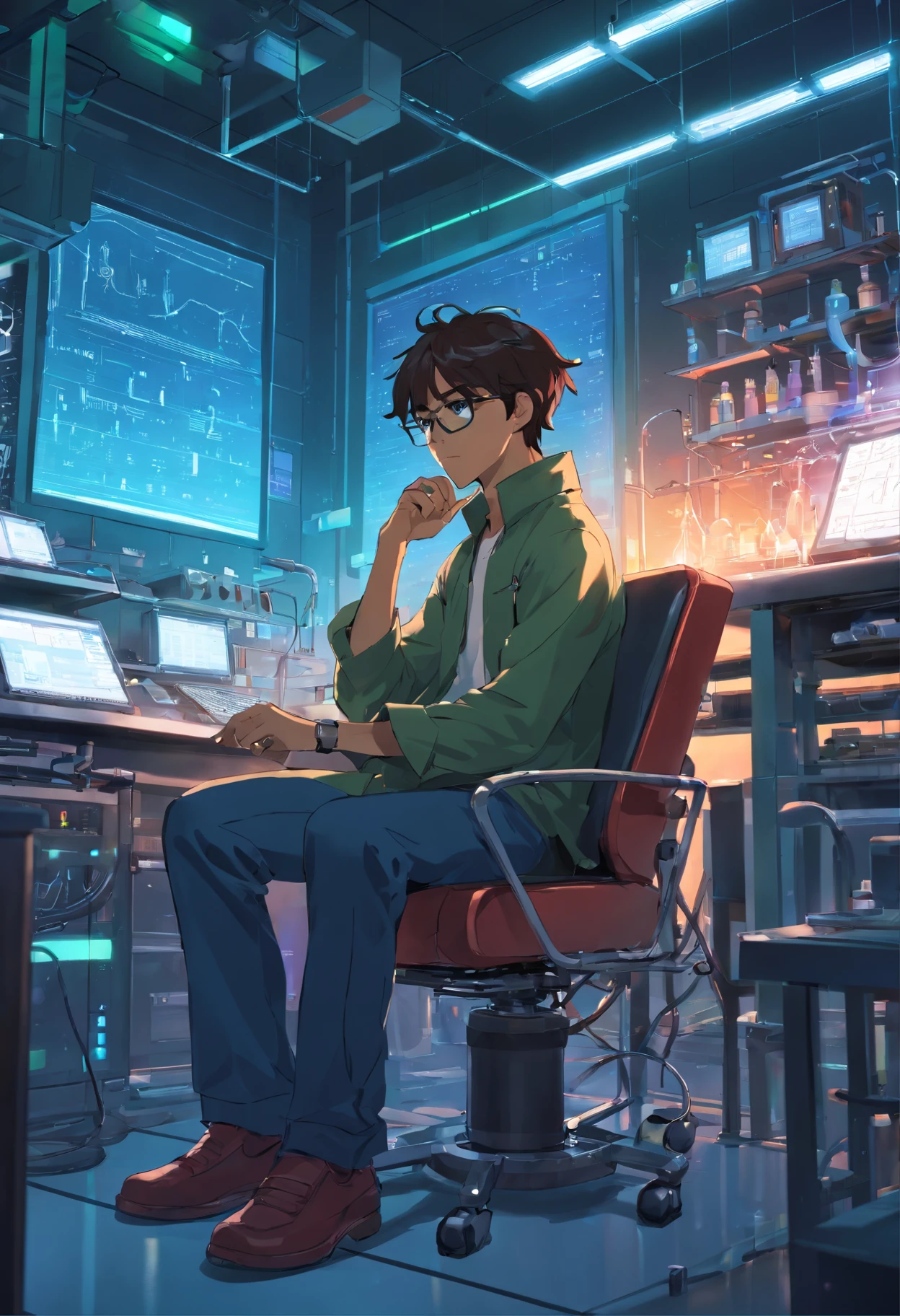 Anime guy sitting in a chair with a laptop and a phone - SeaArt AI