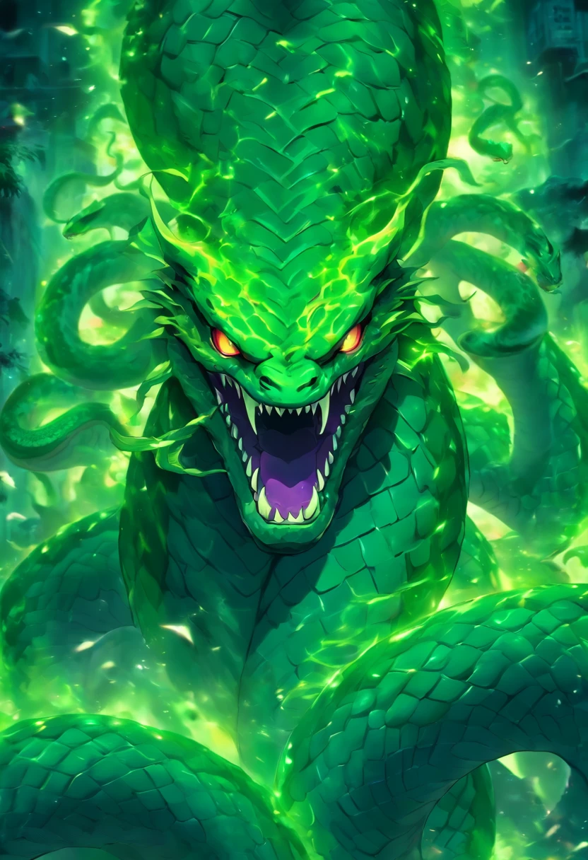 A green snake with a big mouth and sharp fangs - SeaArt AI