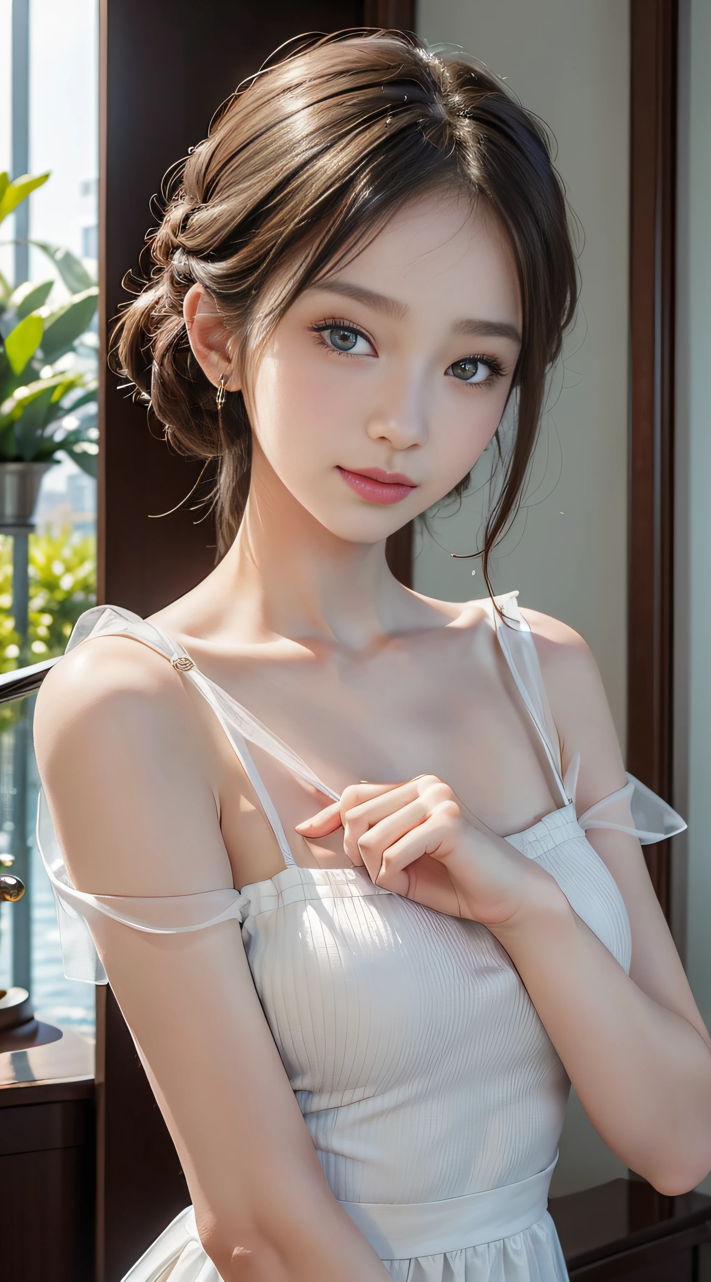 傑作、最高の画質 1 2、 美しい若い女性と 、透明感のある肌 1 2、{わずかな笑顔}、 かわいい 、半袖ニット 2 0、高級ホテル