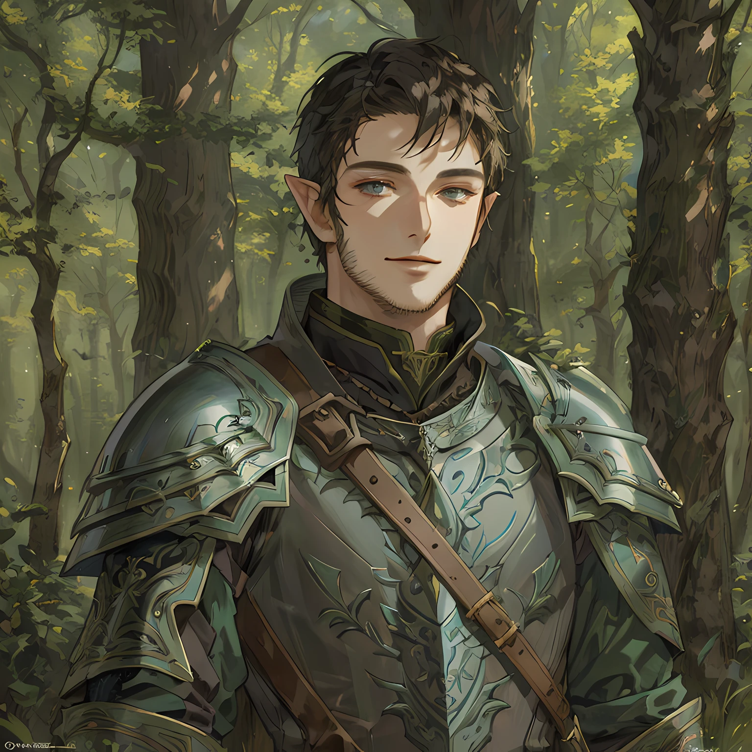 A close up of a man in armor standing in a forest - SeaArt AI