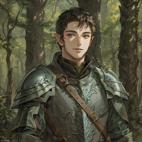 there is a man in armor standing in the woods, a portrait of a male elf ...
