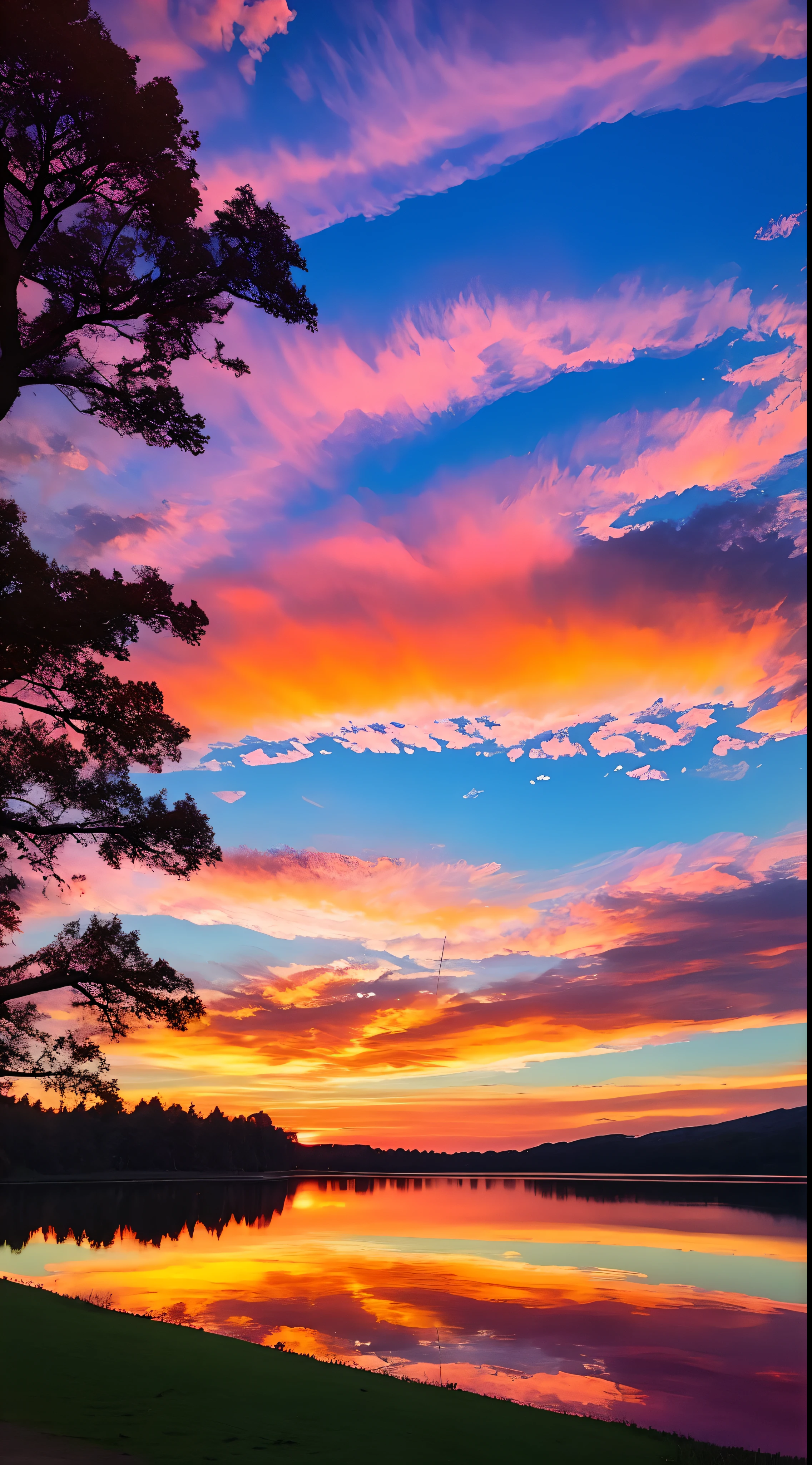Had a beautiful sunset，Lakes and trees in the background，Sunset，Sunset red sky，Surreal colors ...