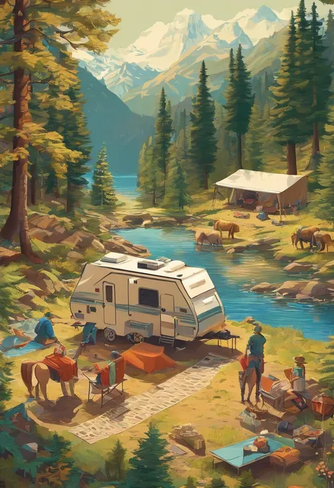 RV camping，Pop art，Albert Bierstadt，Great outdoor activities，Close-up ...