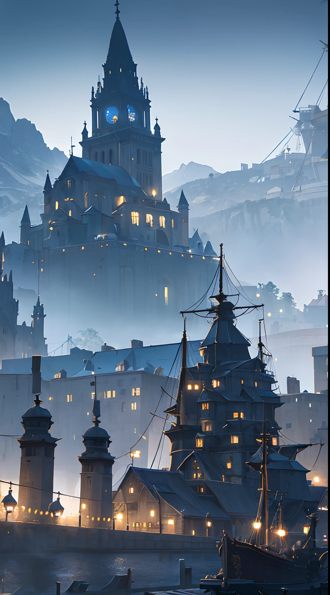 There is a large building with a clock tower in the middle of a town - SeaArt AI