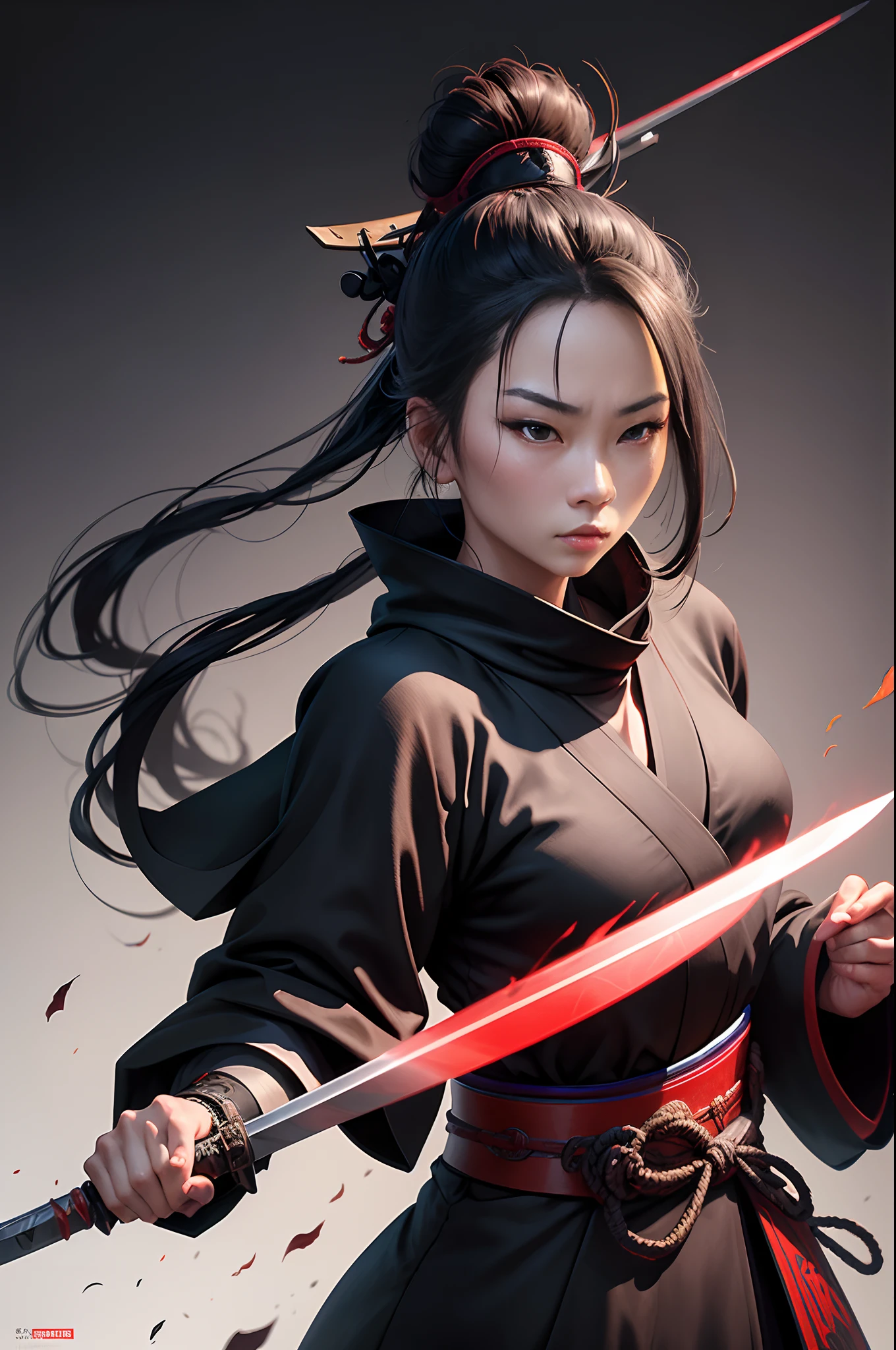 Visual art capturing a composition of a female samurai sword in a black ...