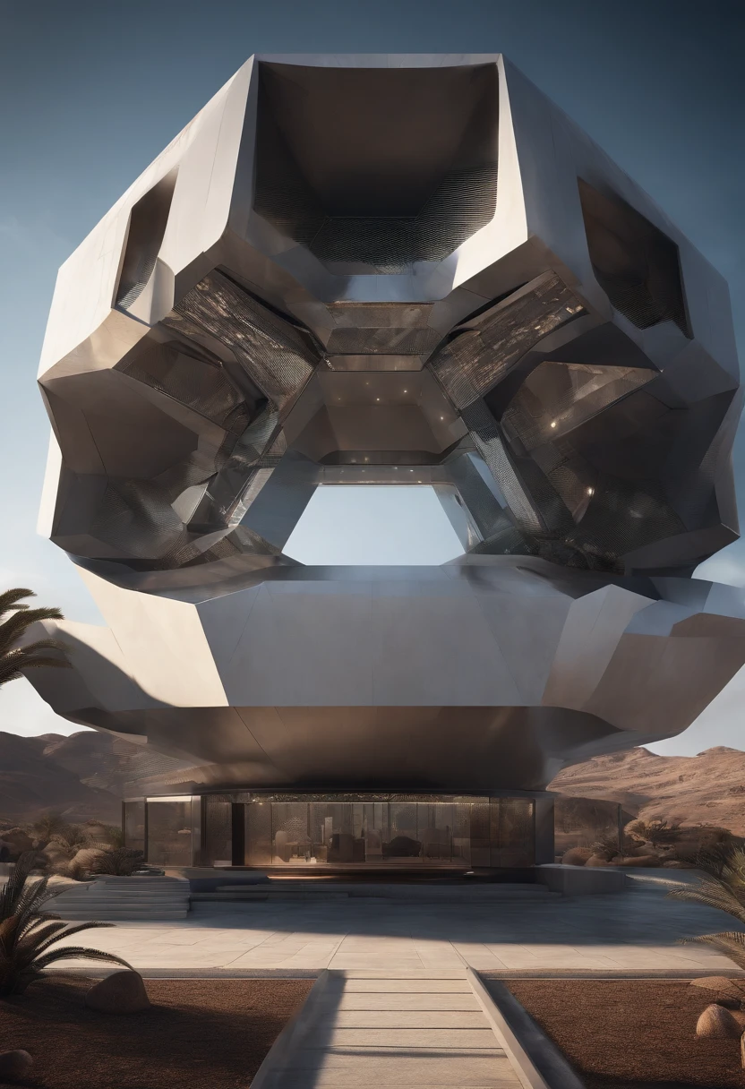 Hexagonal architectural structure，There are five solid elements ...