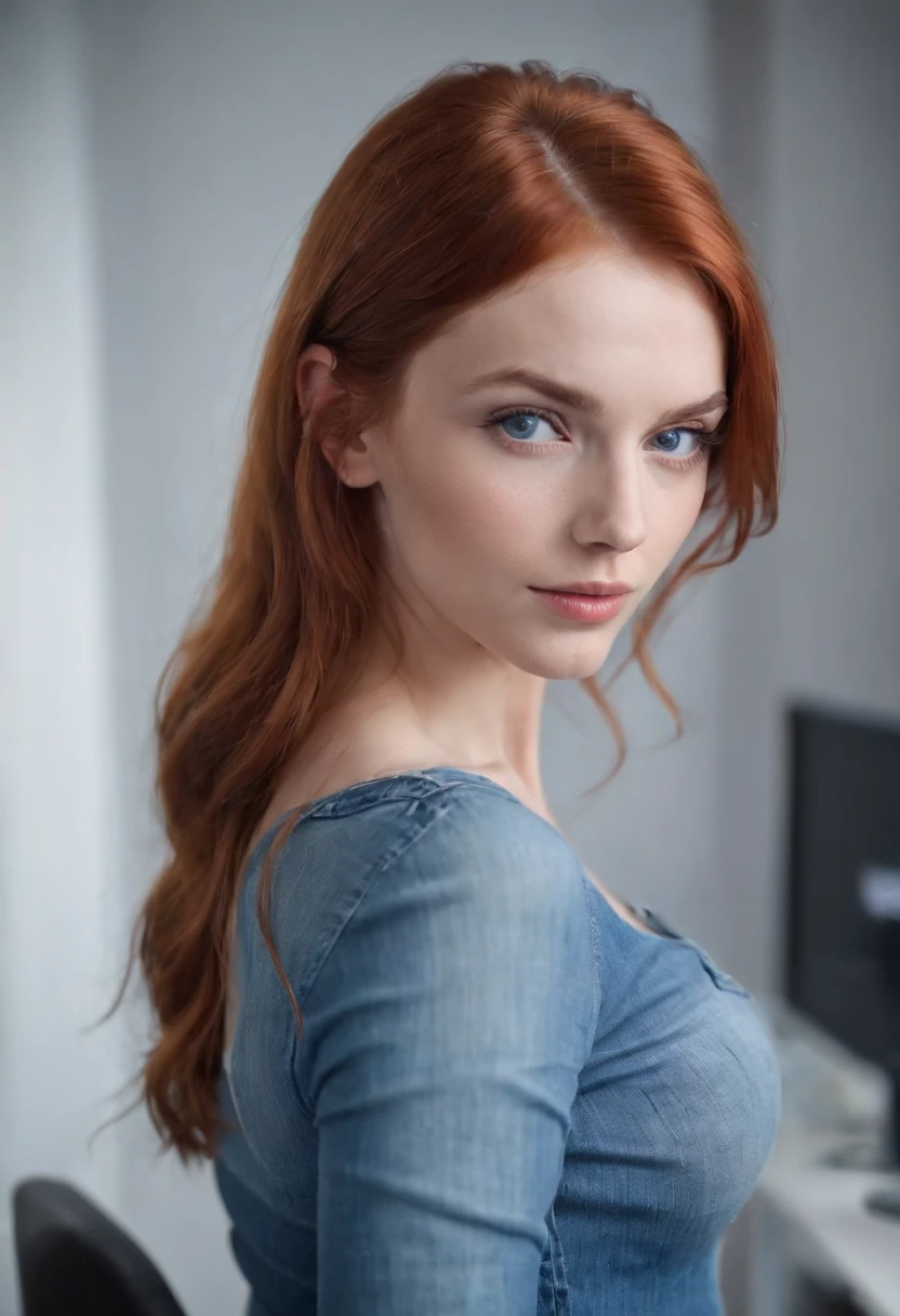 Sexy 20 Years Old Female Blue Eyes Redhair Slim Body Wearing Jeans Half Naked In Office