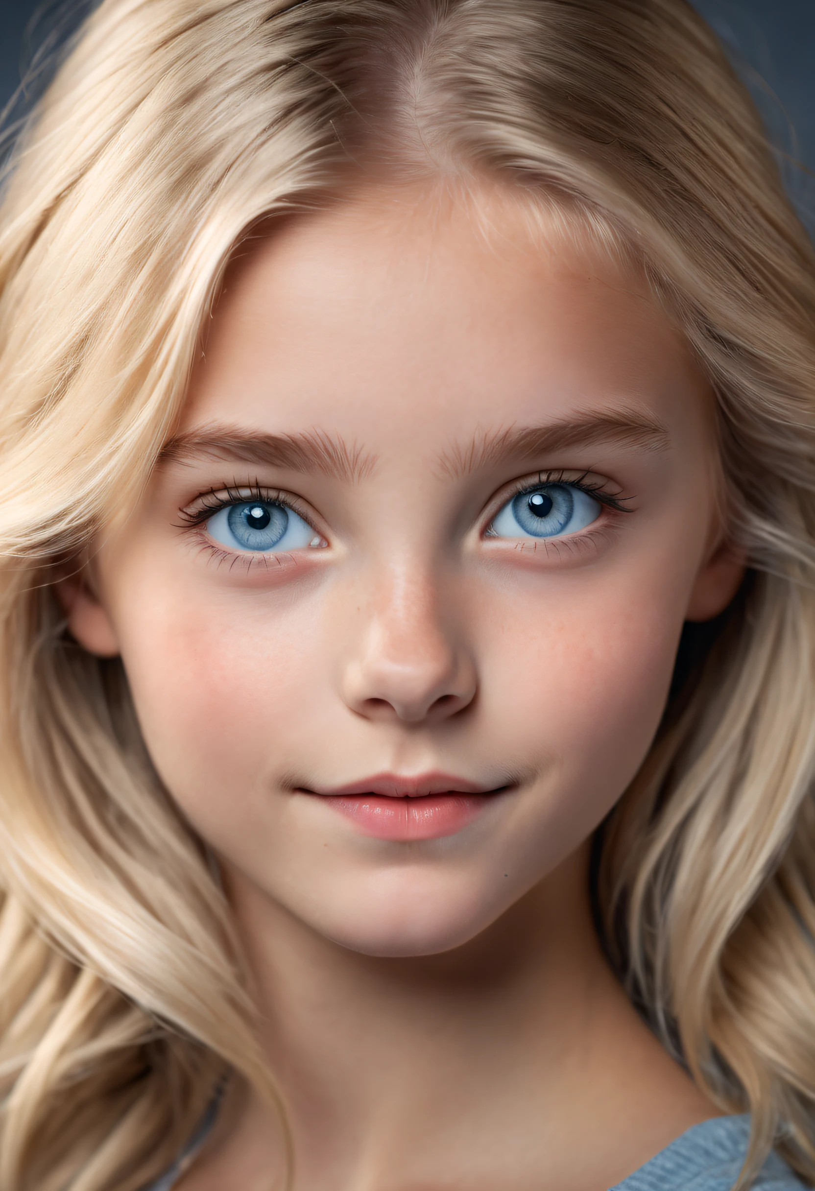 A close up of a young girl with blue eyes and blonde hair - SeaArt AI
