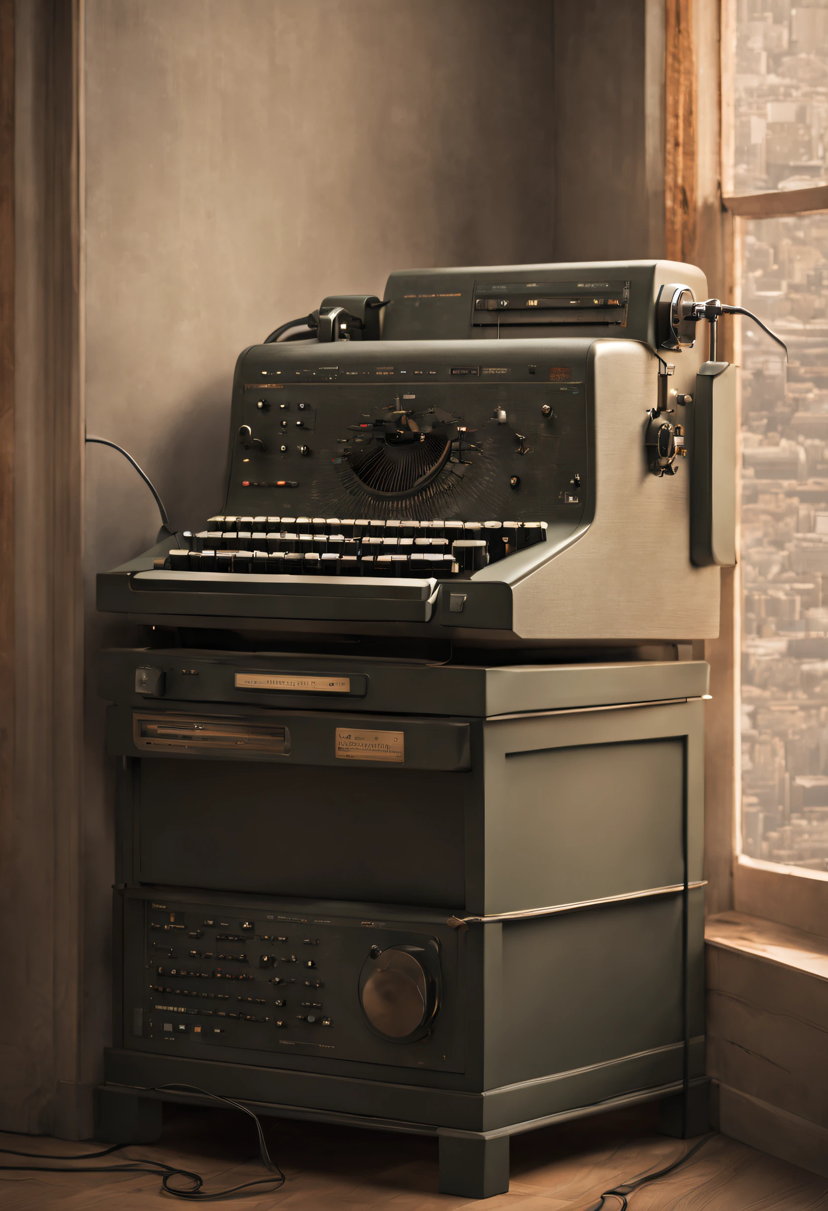 There is a small typewriter sitting on top of a stack of drawers - SeaArt AI