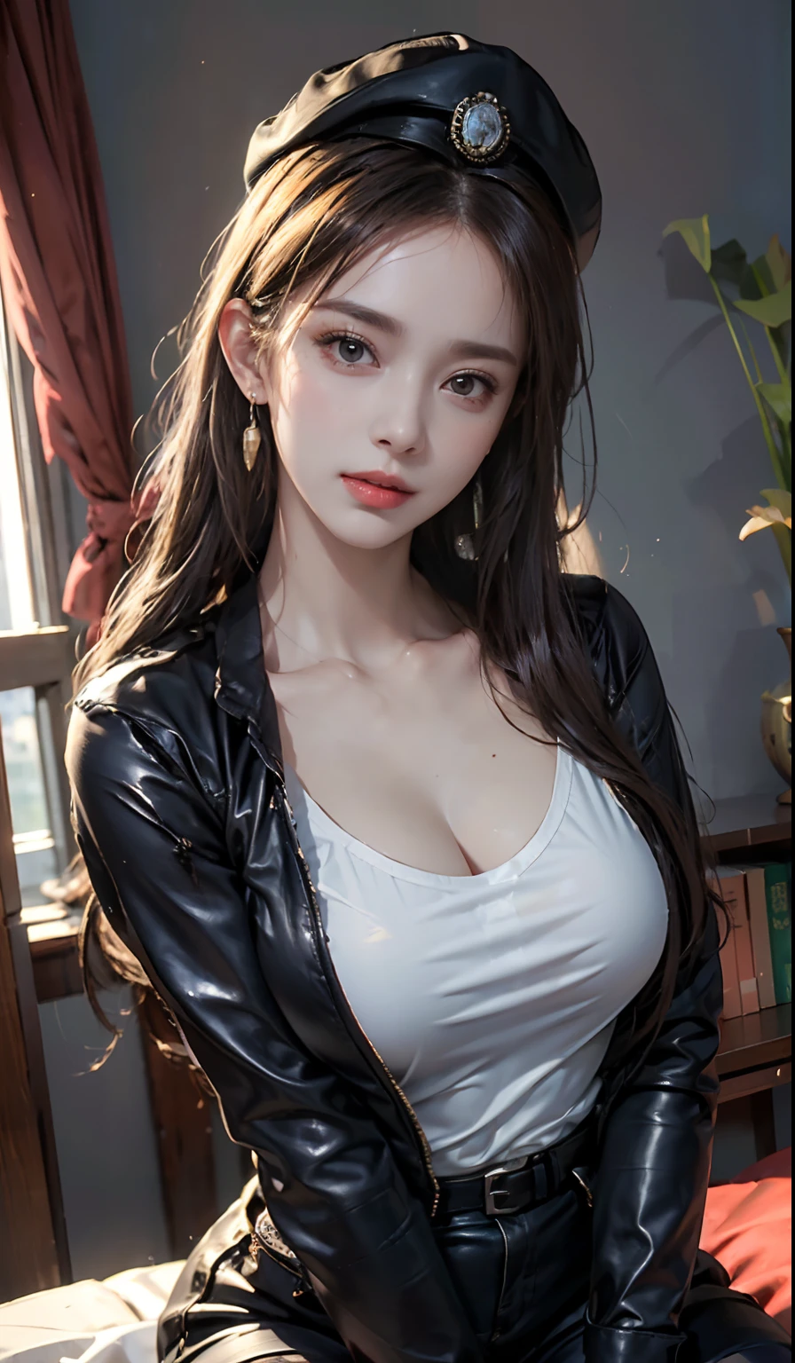 A close up of a woman in a black leather jacket and hat - SeaArt AI