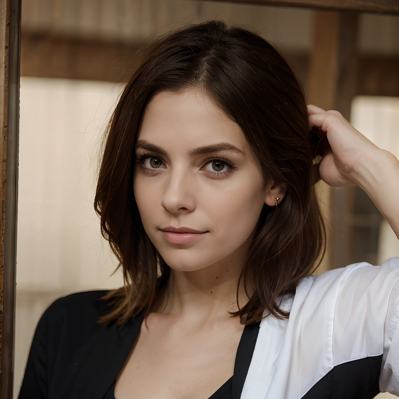 Arafed woman in a black and white shirt and a black and white jacket - SeaArt AI