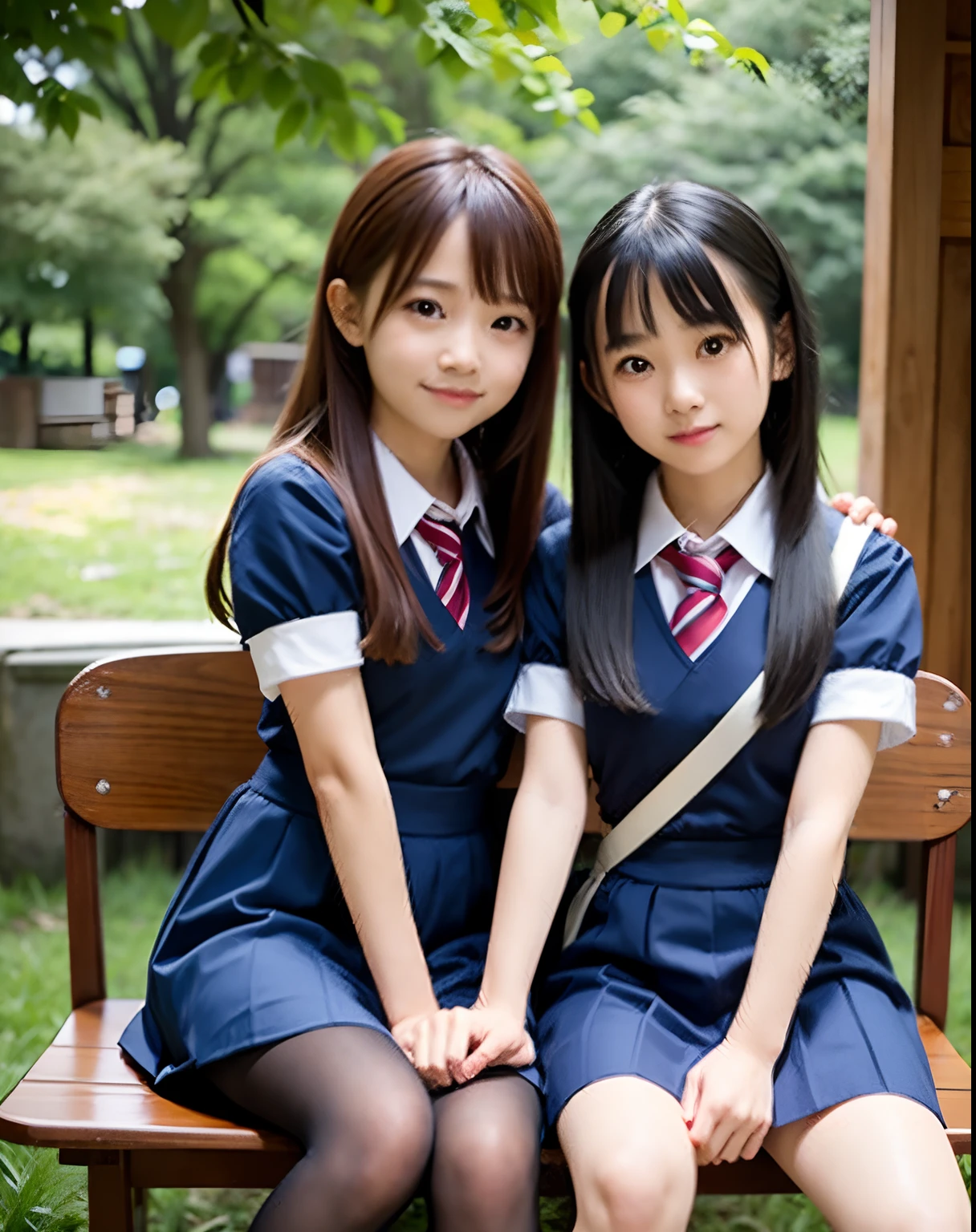 Two young women sitting on a bench in a park - SeaArt AI