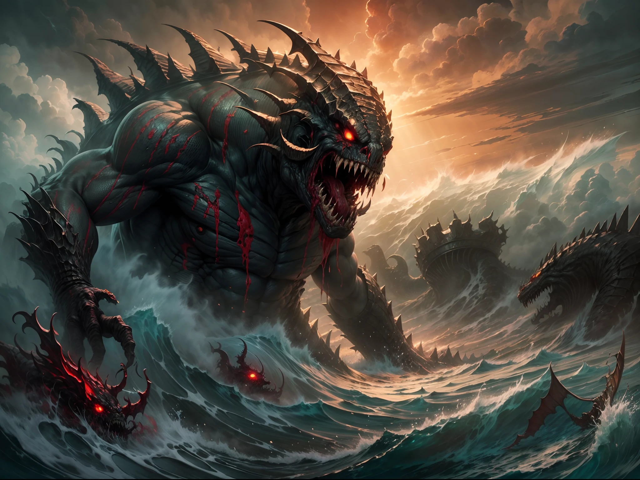 a drawing，It depicts a truly mutilated ocean mutant monster，Blood on ...