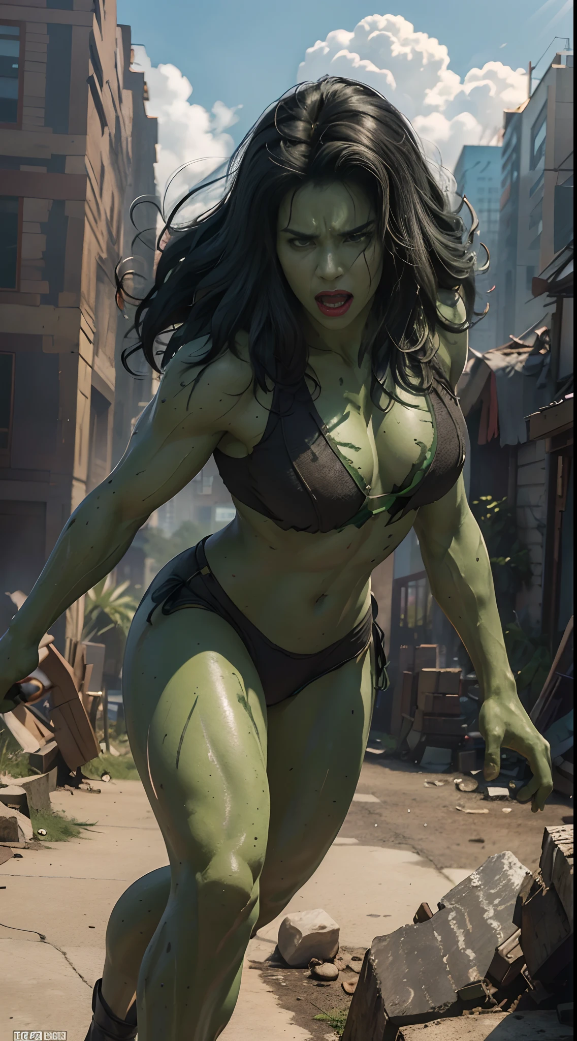 1girl, Full body shot, Jennifer Connelly as HULK(from MCU), green body, green skin - SeaArt AI