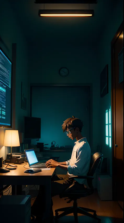 a nerdy boy is programming at a computer in a room full of gadgets, by makoto shinkai and ghibli ...