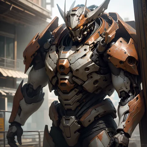 Portrait photo of an alpha male, perfect eyes, in a worn mecha suit ...
