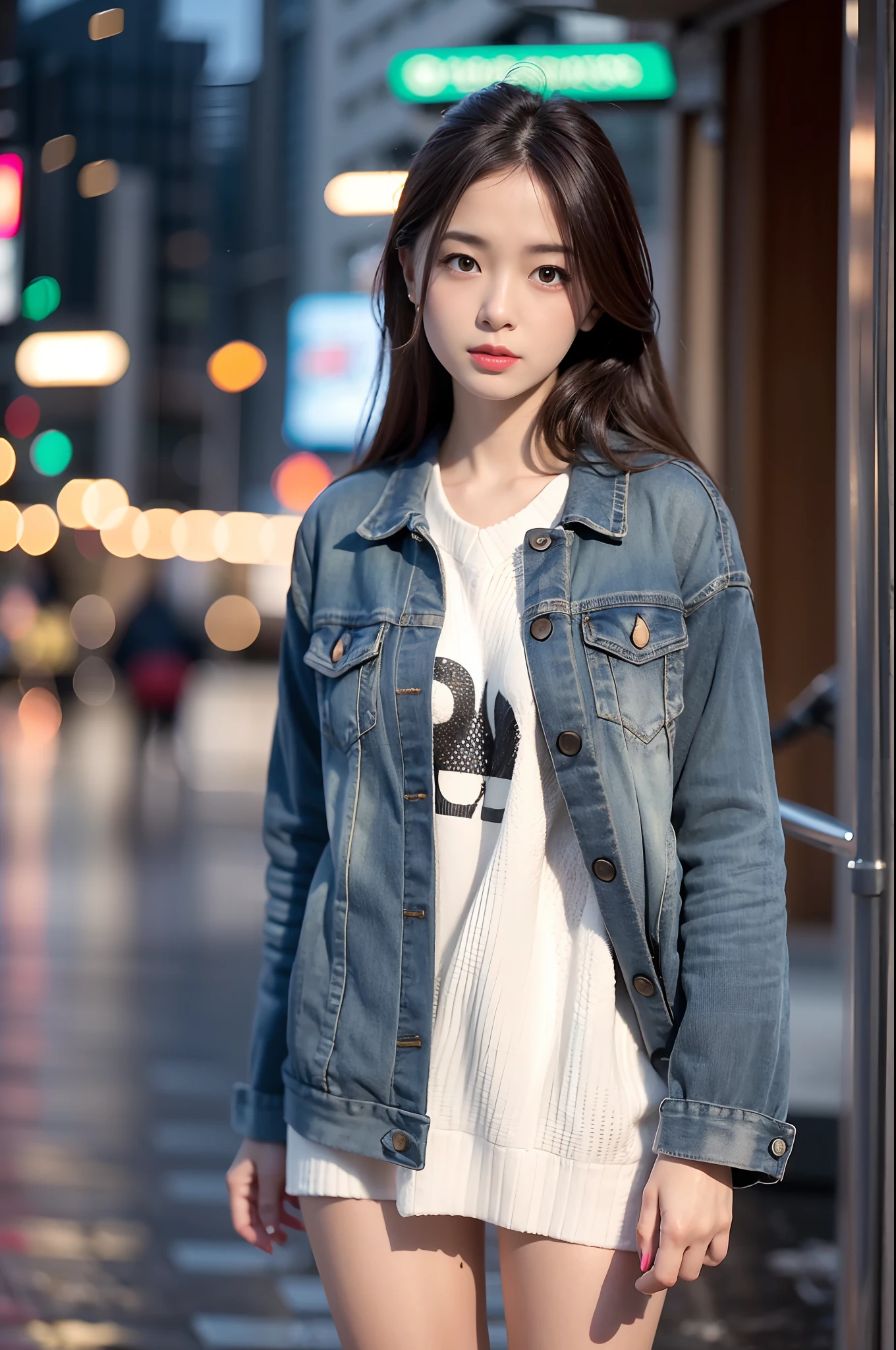 Arafed asian woman in a white dress and denim jacket - SeaArt AI