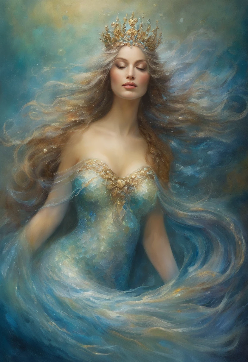 A painting of a woman in a blue dress with a crown on her head - SeaArt AI