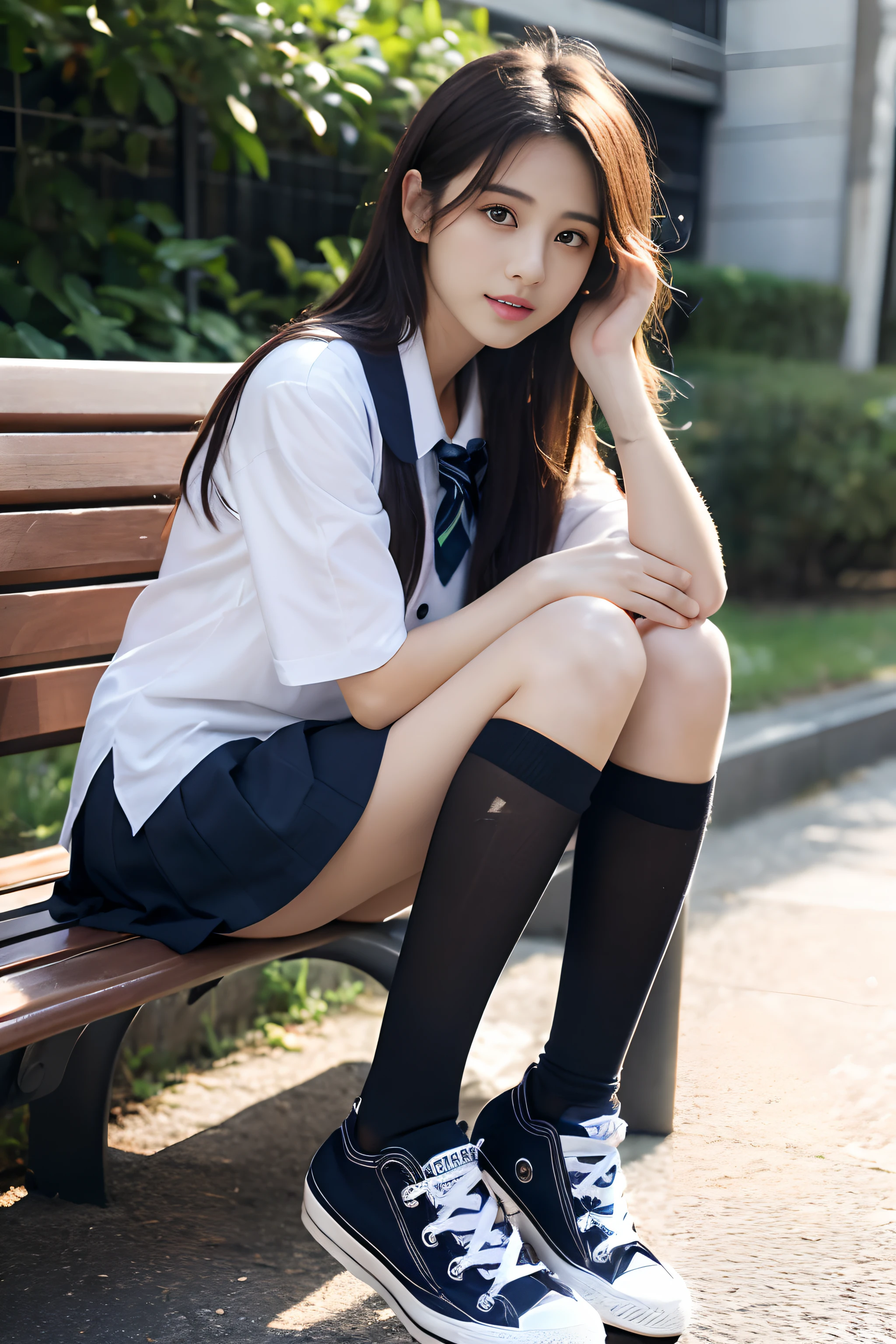 8k, 超A high resolution, 最高品質、最高品質、全身写真 (ハイディテールスキン:1.2，中胸、長い黒髪、美しい顔、大きな黒い目、長いまつげ、白い肌の)，(日本の女子高生 ...