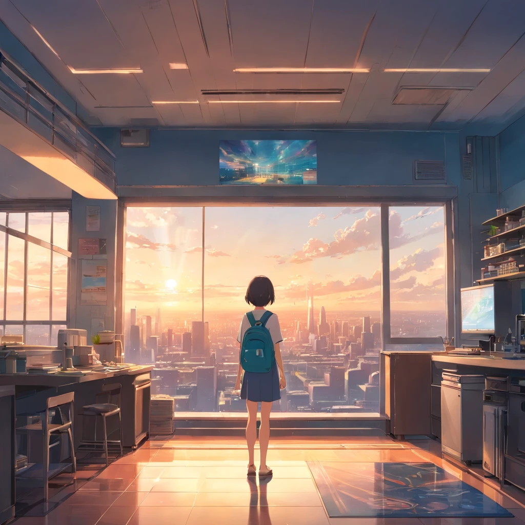 A woman standing in a kitchen looking out a window at the city - SeaArt AI