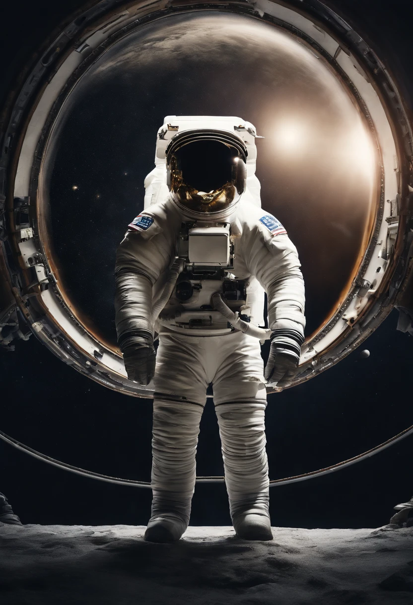 An astronauts back standing infront of something colossal in space ...