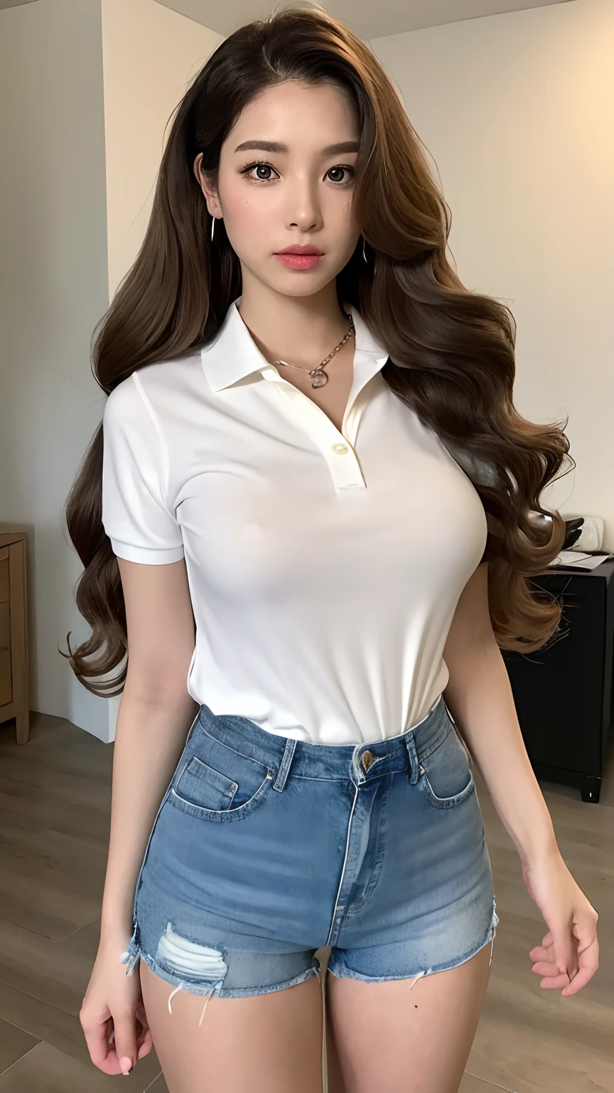 A woman in a white shirt and denim shorts posing for a picture - SeaArt AI